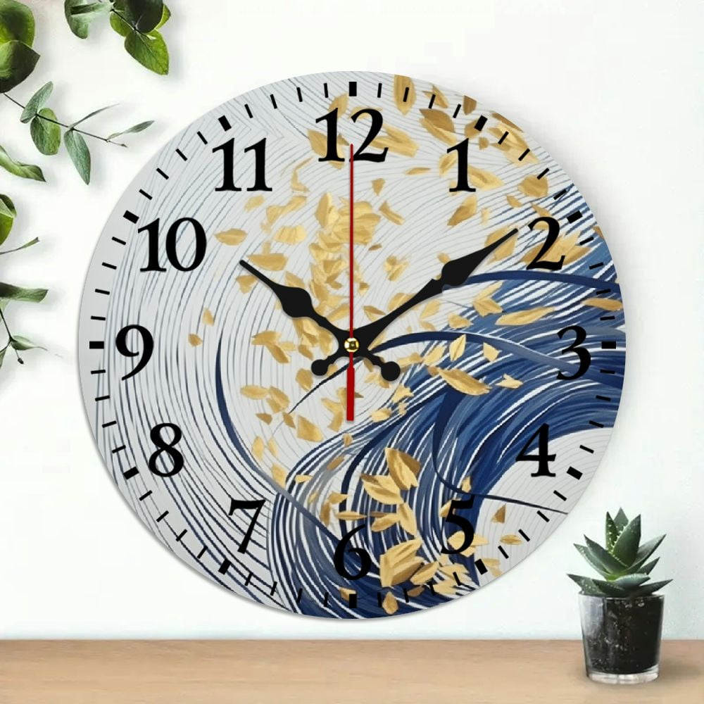 Creowell 10 Inch Round Wooden Wall Clock Swirl Gold Leaves Blue and ...