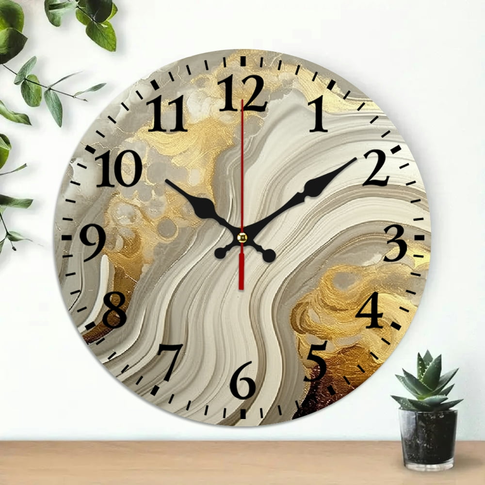 Creowell 10 Inch Round Wooden Wall Clock Swirl Gold Marble Print ...