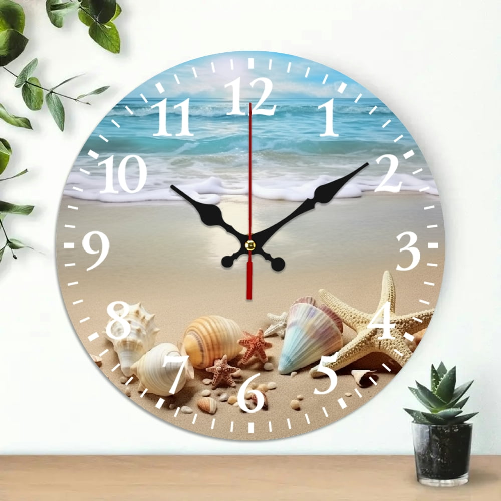 Creowell 10 Inch Shells Starfish Beach Theme Round Wooden Wall Clock ...