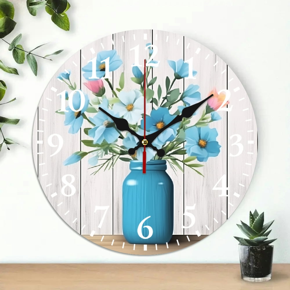 Creowell 10 Inch Wall Clock Flowers Print Silent Mechanical Movement ...