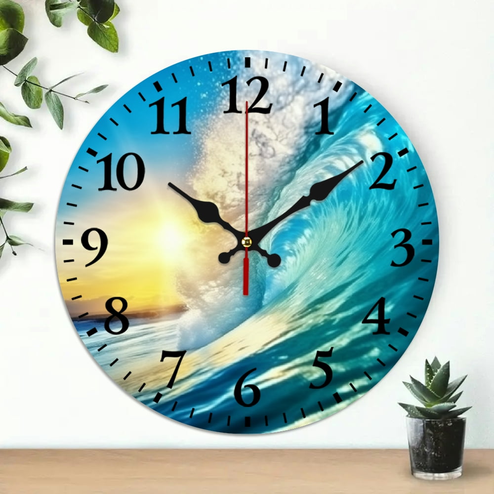 Creowell 10 Inch Waves Sun Aquatic Uno Theme Round Wooden Wall Clock ...