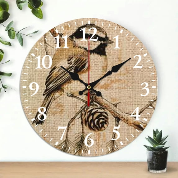 Creowell 10 Inch Wooden Wall Clock Bird Branch Pine Cone Print Silent ...