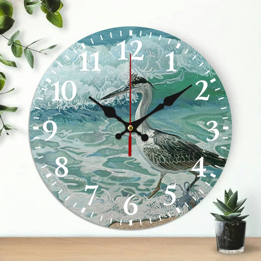 Creowell 10 Inch Wooden Wall Clock Bird Surf Beach Print Silent Decor ...