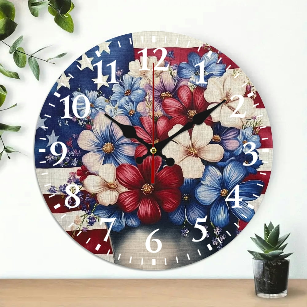 Creowell 10 Inch Wooden Wall Clock Flag Flowers Airbrush Print Decor ...