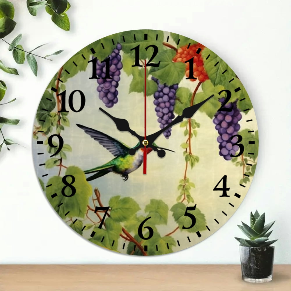 Creowell 10 Inch Wooden Wall Clock with Hummingbird, Grapes, Vines ...