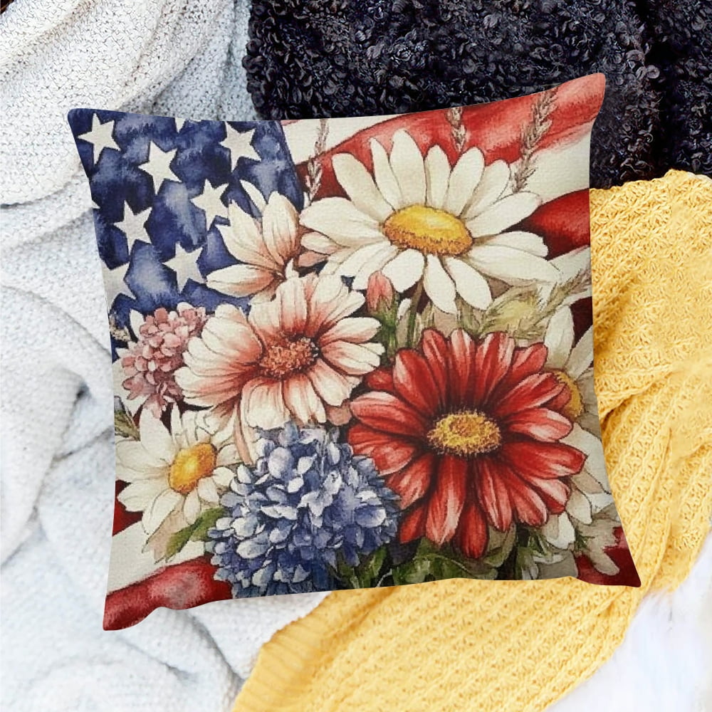 Creowell 4th of July Pillow Cover Floral God Bless America Flag Decorations Patriotic Holiday ...
