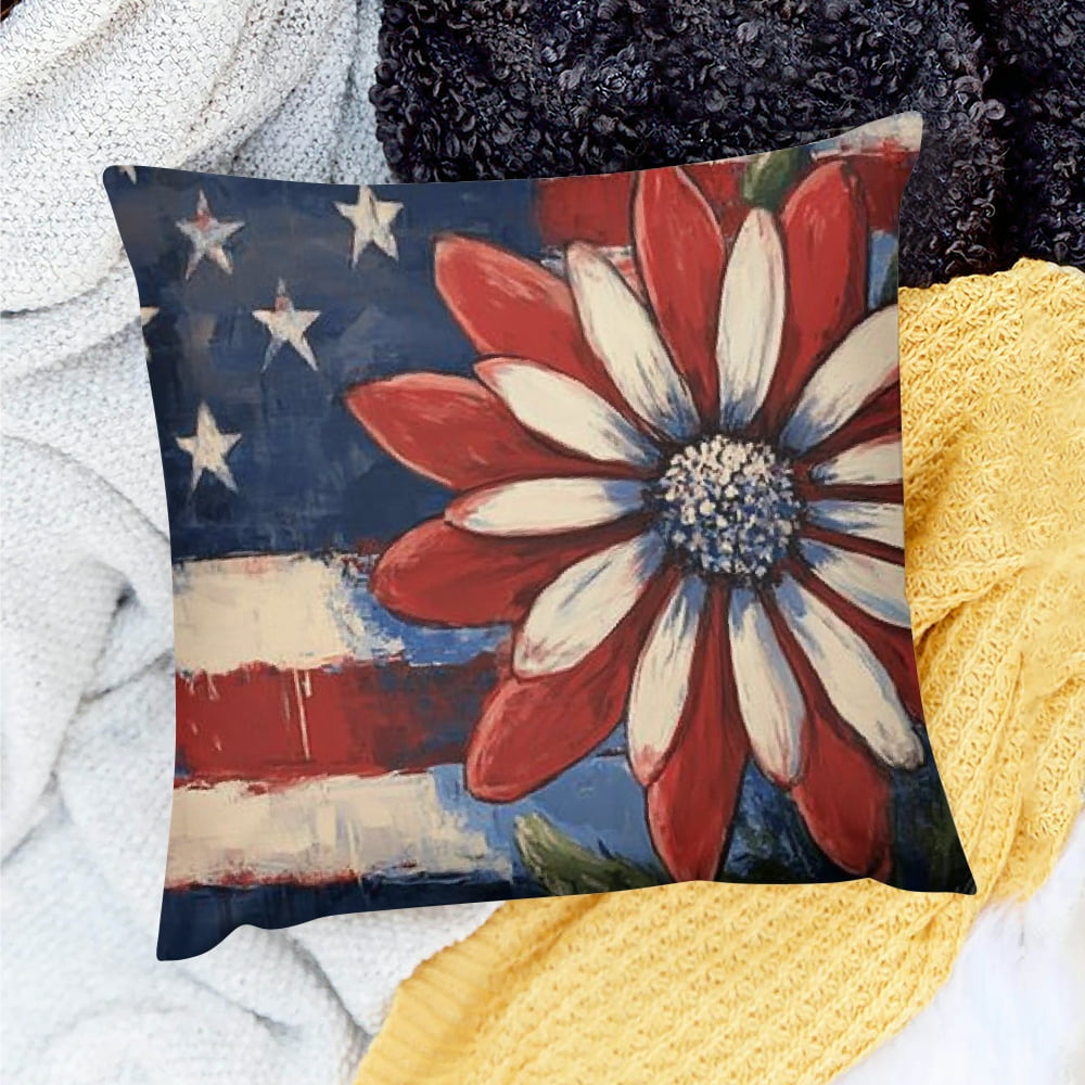 Creowell 4th of July Pillow Covers, God Bless America Floral Decorative Throw Pillows Patriotic ...