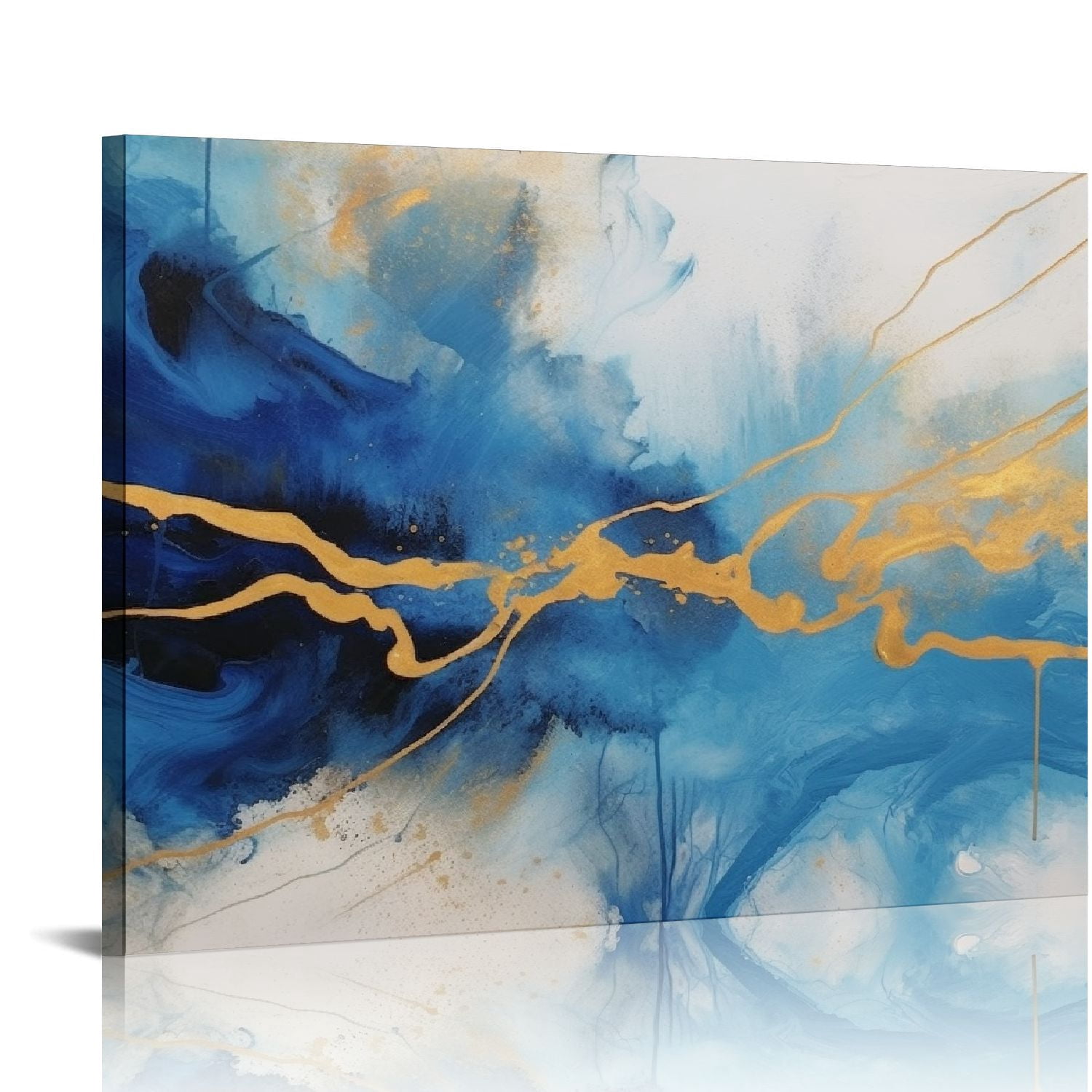 Creowell Abstract Canvas Oil Paintings with Textured Blue White Gold ...