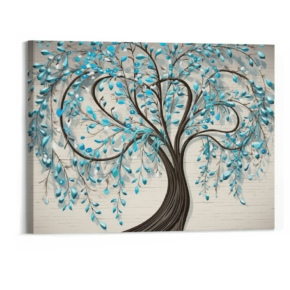 Creowell Abstract Tree Canvas Wall Art Modern Teal Green Leaves Floral ...