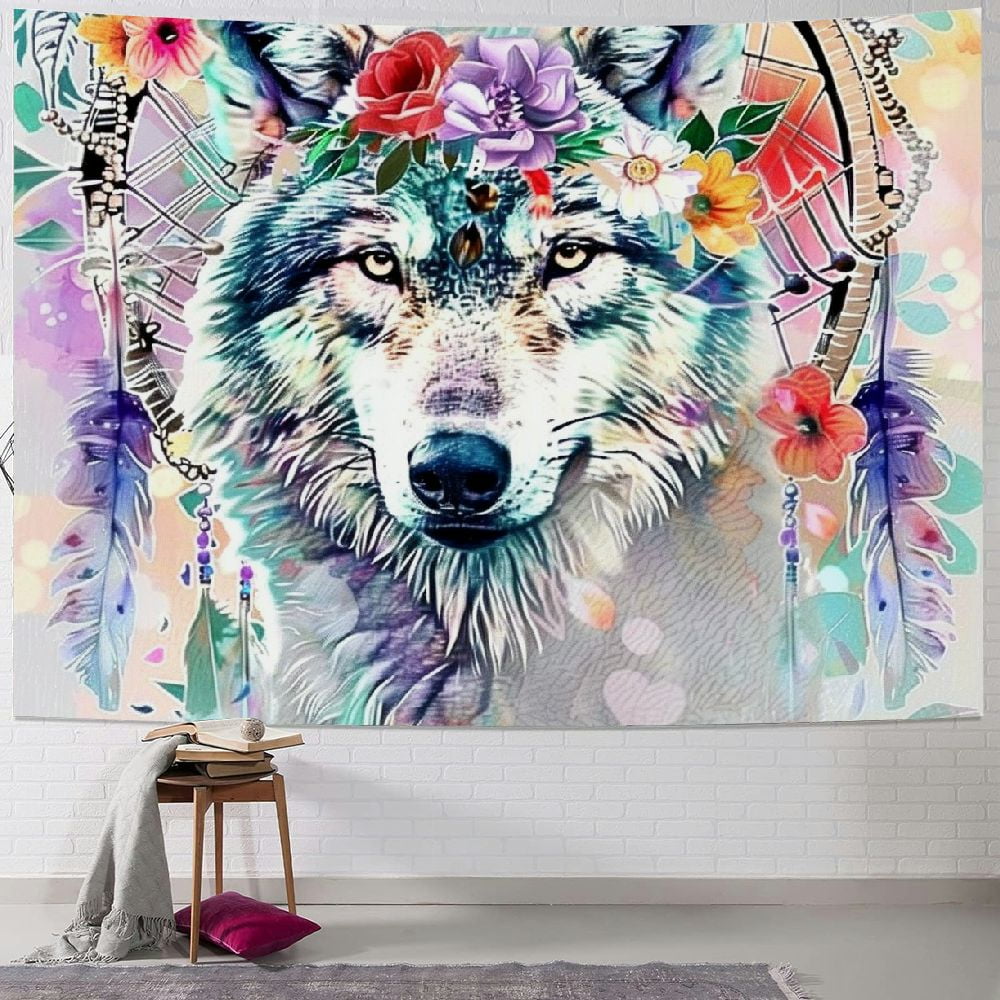 Creowell Aesthetic Boho Wolf Tapestries Lotus Tie Die Cool Mandala ...