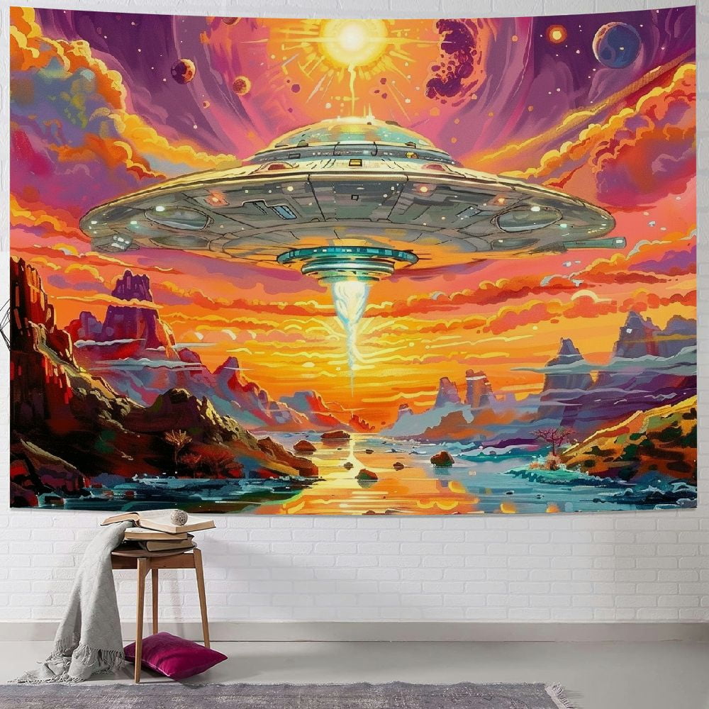 Creowell Alien UFO Tapestry Sun Mountain Tapestry Colorful Plant Floral ...