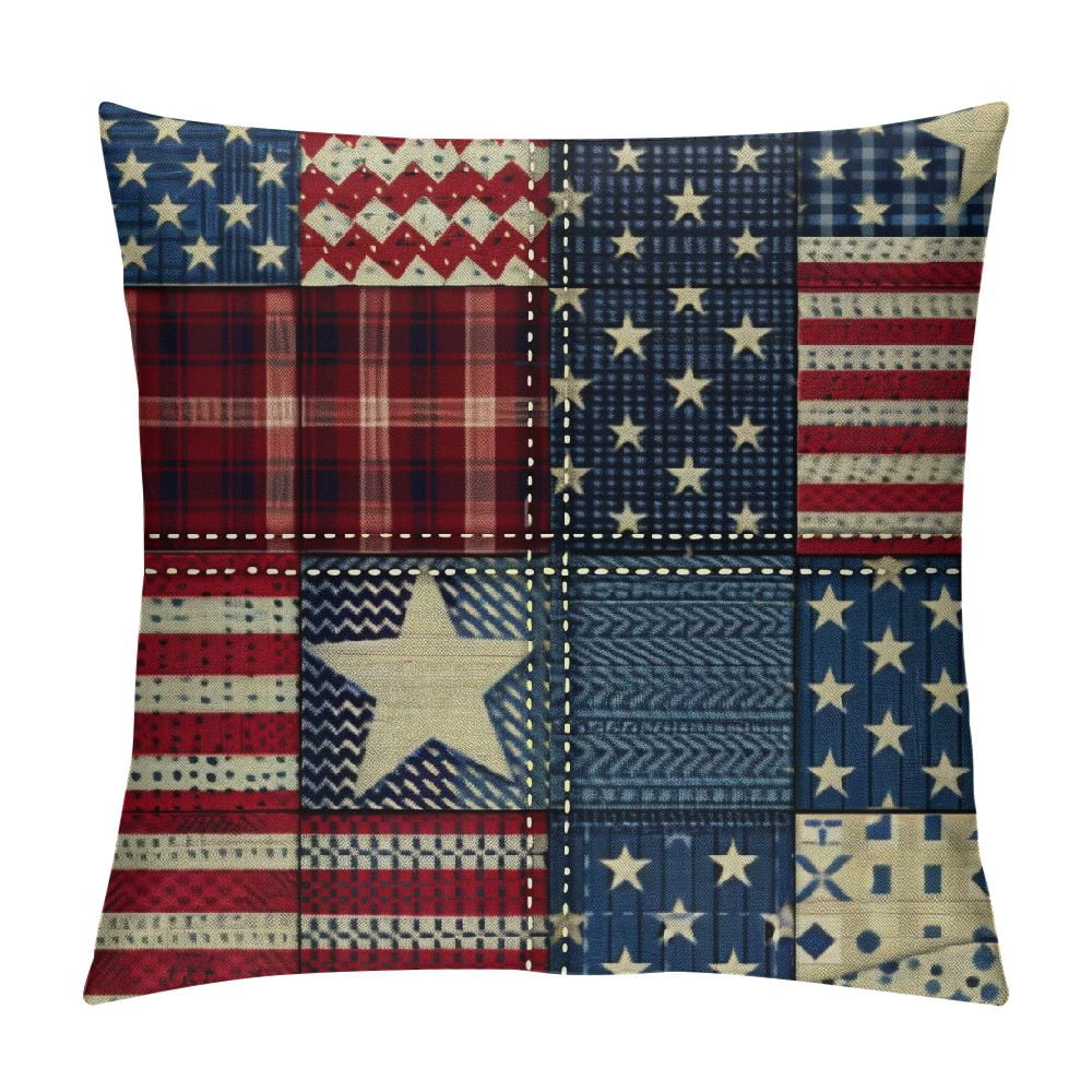 Creowell American Flag Patchwork Farmhouse Pillow Cover with Stripe and Star Decorations Cushion ...