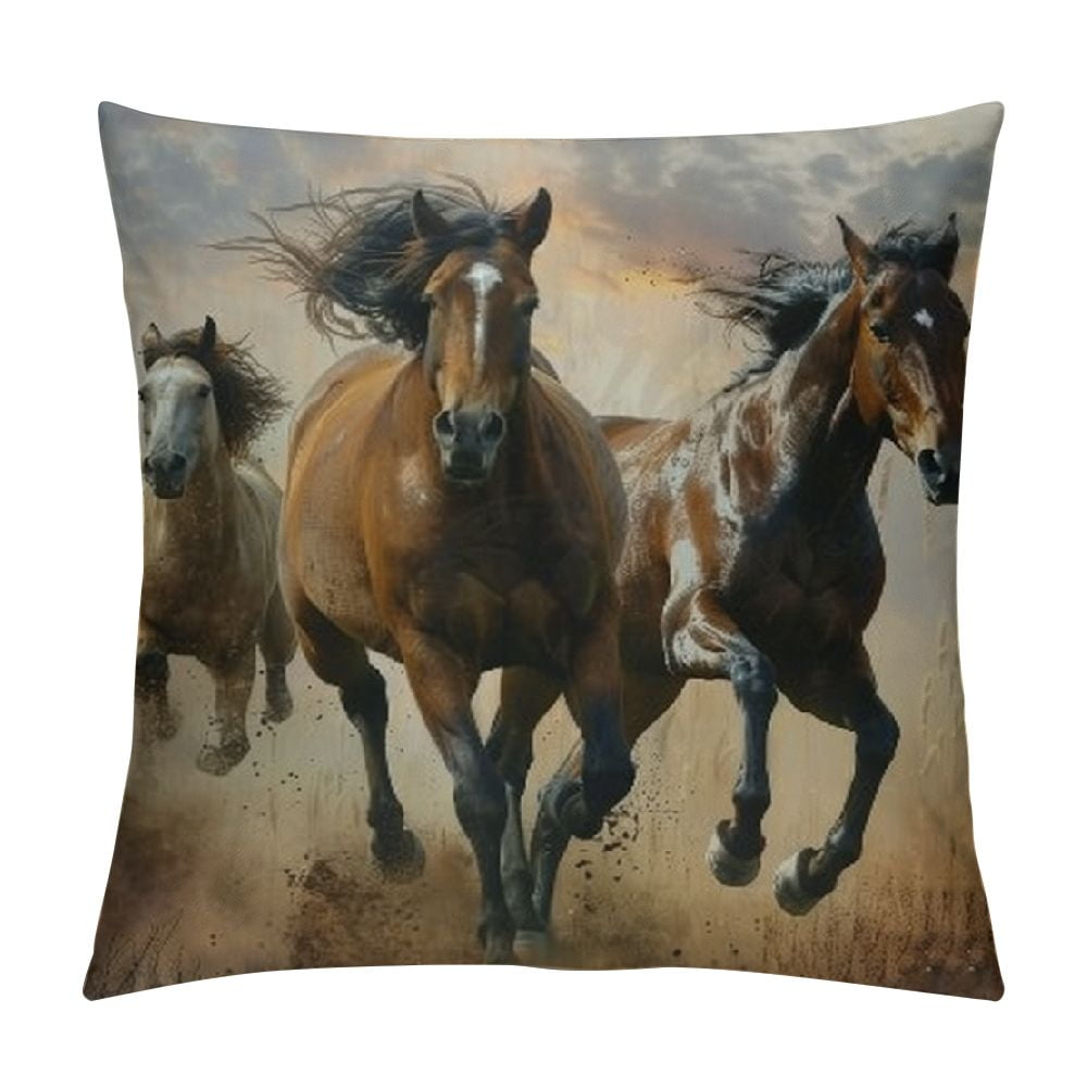 Creowell Animlas Pillow Cover Horses and Kids Run in Fields Farm ...