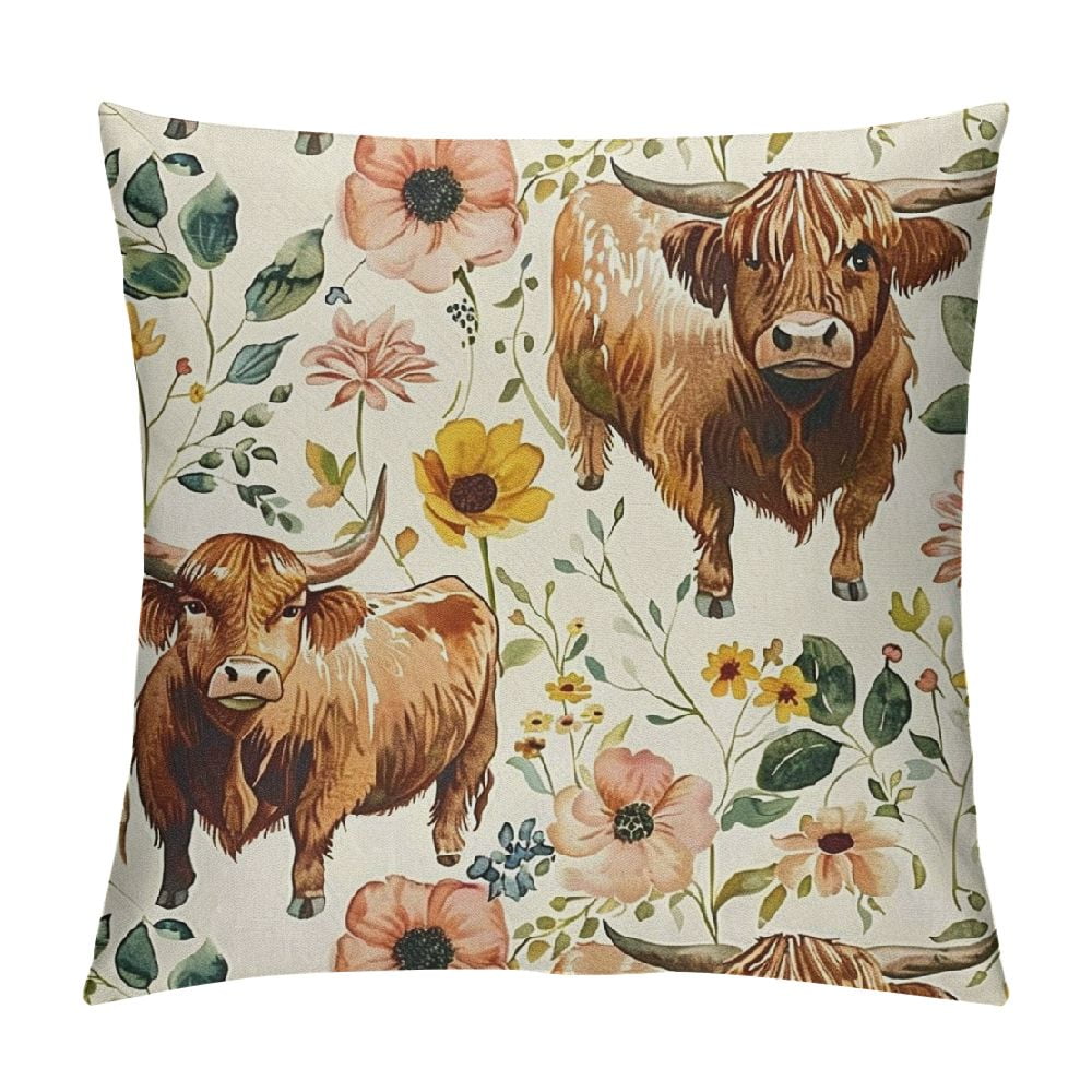 Creowell AnyDesign Boho Floral Highland Cow Pillow Covers Watercolor ...