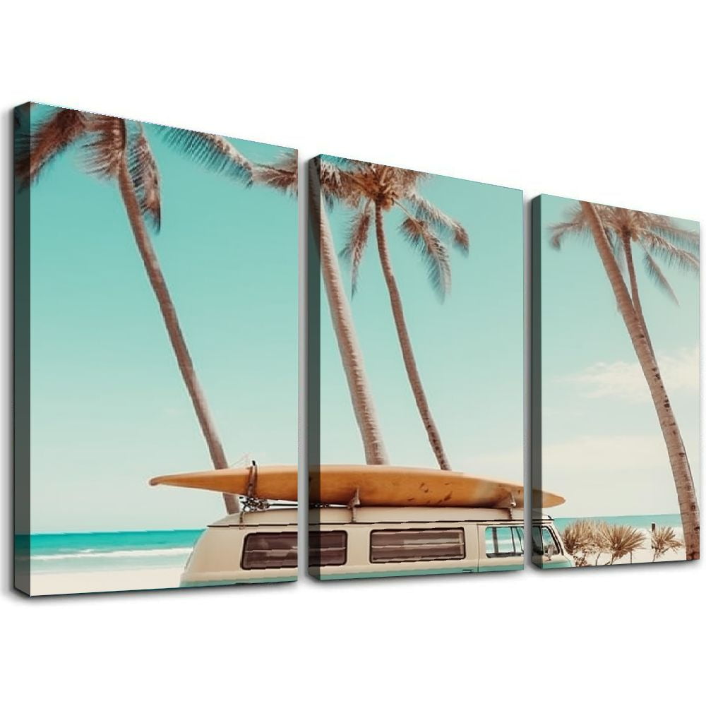 Creowell Art Modern Fall Decor Seaview Palm Bus Canvas Wall Art 3 Piece ...