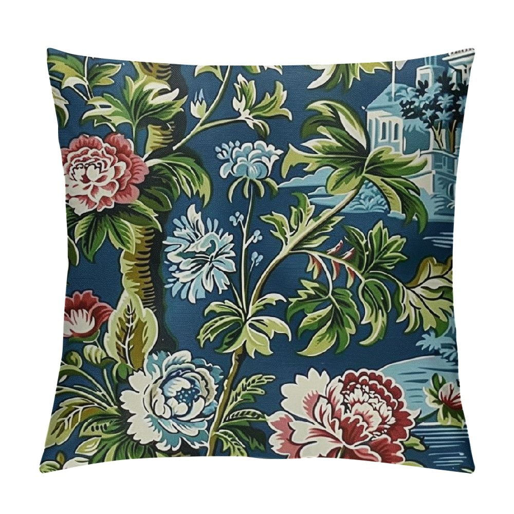 Creowell Asian Style Chinoiserie Throw Pillow Cushion Pagoda Garden