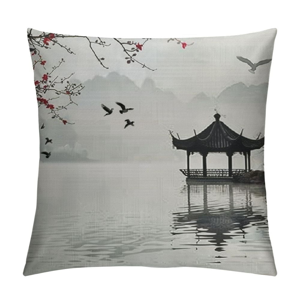 Creowell Asian Throw Pillow Cushion Cover, Japanese Style Garden Bird ...