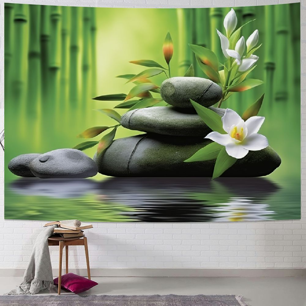 Creowell Bamboo Rocks Flowers Tapestry Wall Decor Blanket for Home Dorm ...