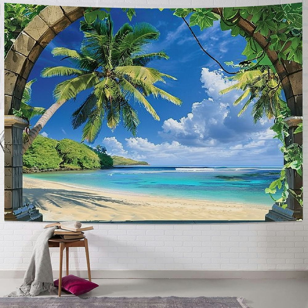 Creowell Beach Decor Tapestry Ocean Sea Tropical Island Palm Tree ...