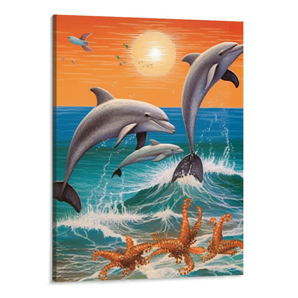 Creowell Beach Dolphins Decor Wall Art Coastal Dolphin Sunrise Pictures Wall Decor Inspirational ...
