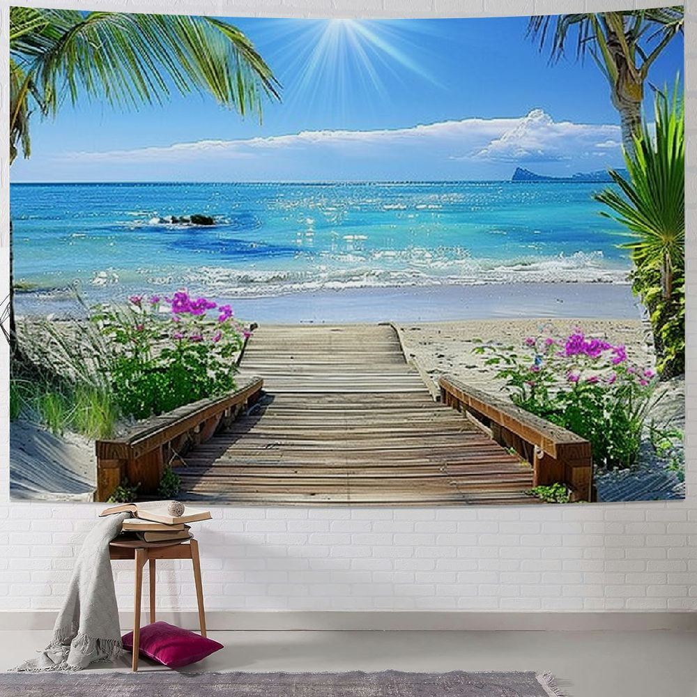 Creowell Beach Landscape Tapestry, Tropic Ocean Sea Island Palm Tree ...