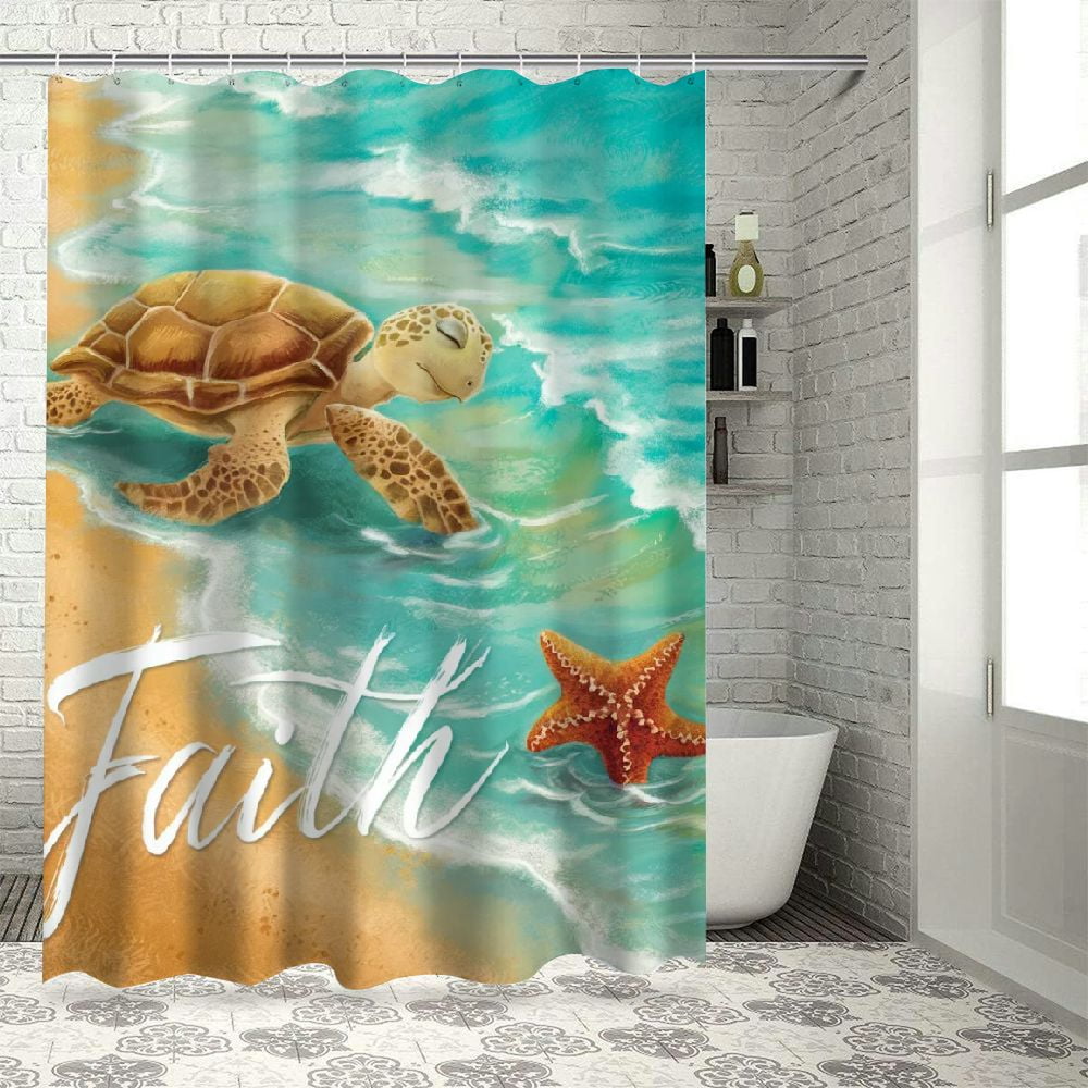 Creowell Beach Sea Turtle Shower Curtain, Teal Turtle Inspirational ...