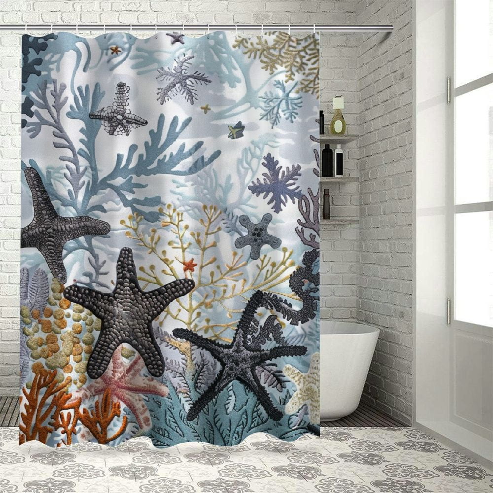 Creowell Beach Theme Shower Curtain, Ocean Sea Shells Stars Seahorse ...