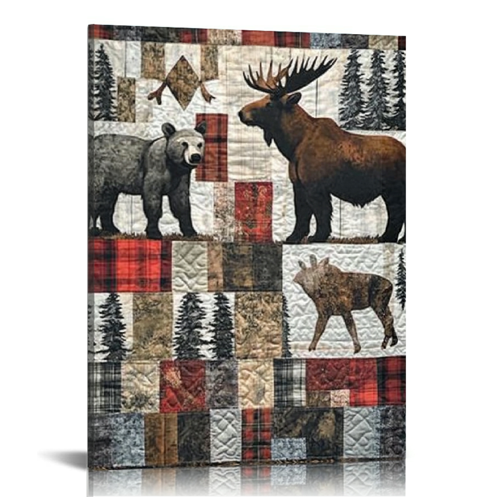 Creowell Bear Moose Quilt Print On Canvas Wall Art Ready to Hang Home ...