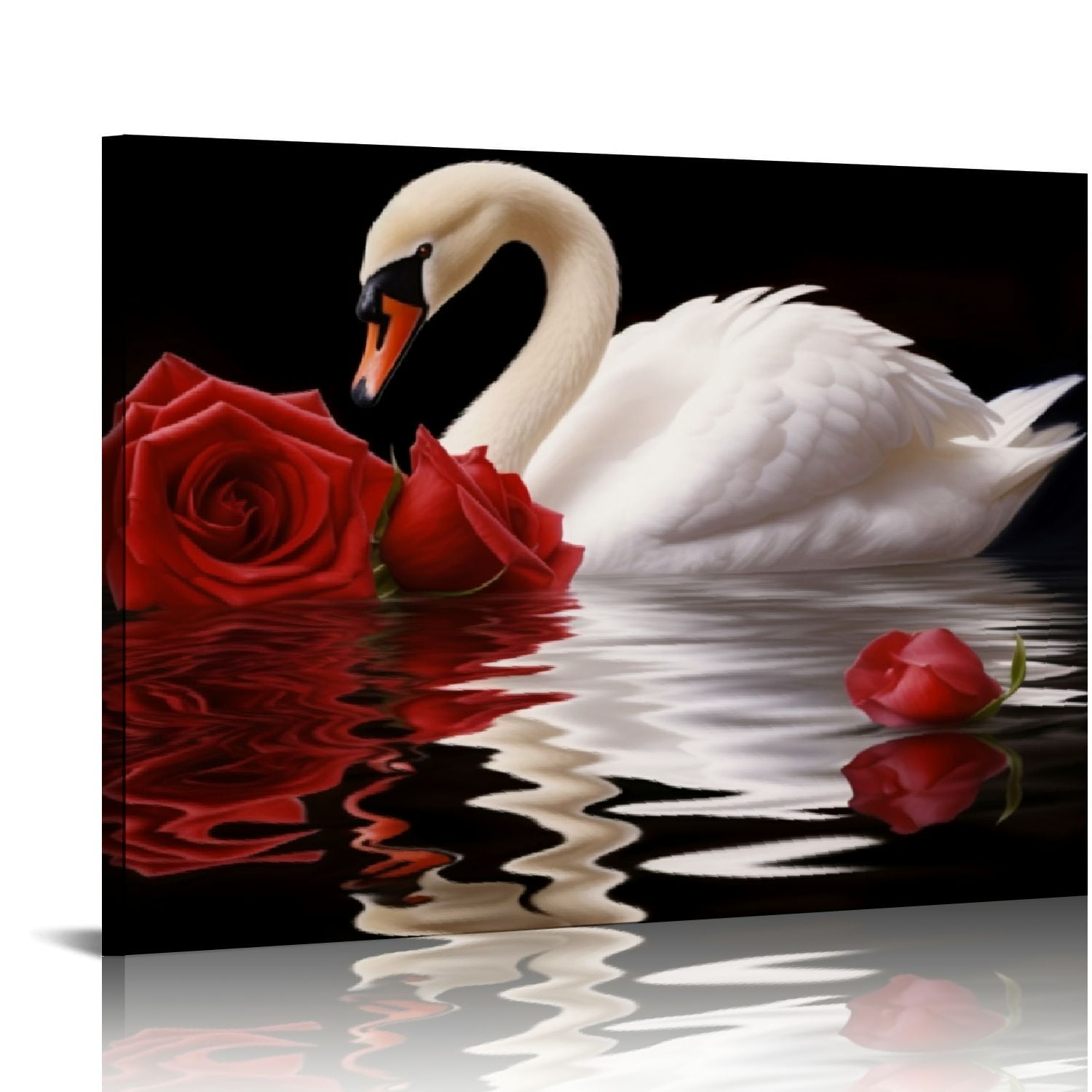 Creowell Beautiful Romantic Swans Art Print on Canvas Red Rose Flowers ...