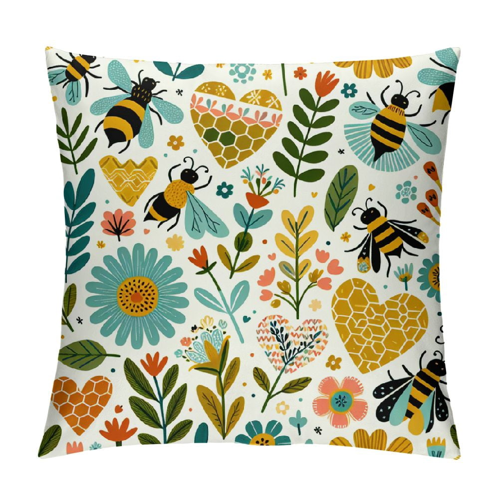 Creowell Bee Pillow Covers Summer Outdoor Bee Floral Decorative Throw ...