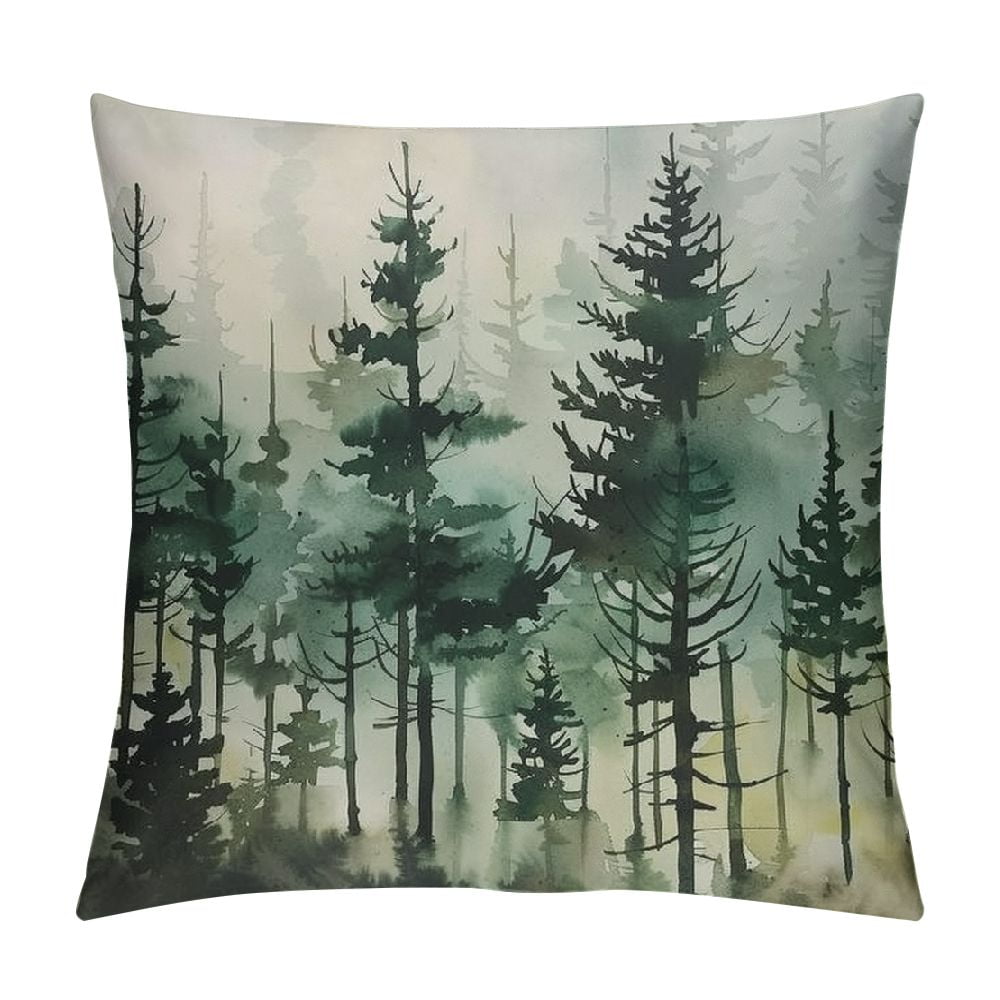 Creowell Birch Tree Pillow Covers Decorative Dark Green Mountain Pillow ...