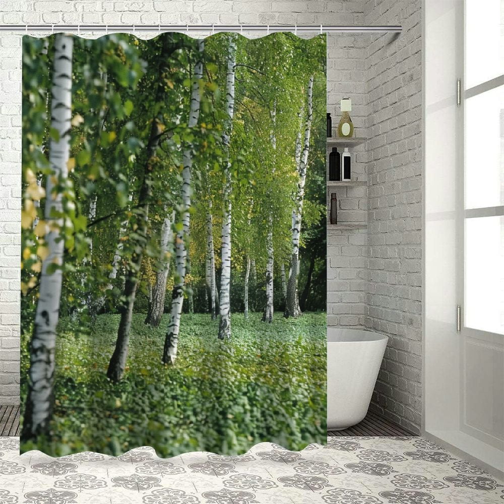 Creowell Birch Tree Shower Curtain, Fresh Green Leaves Summer Forest ...