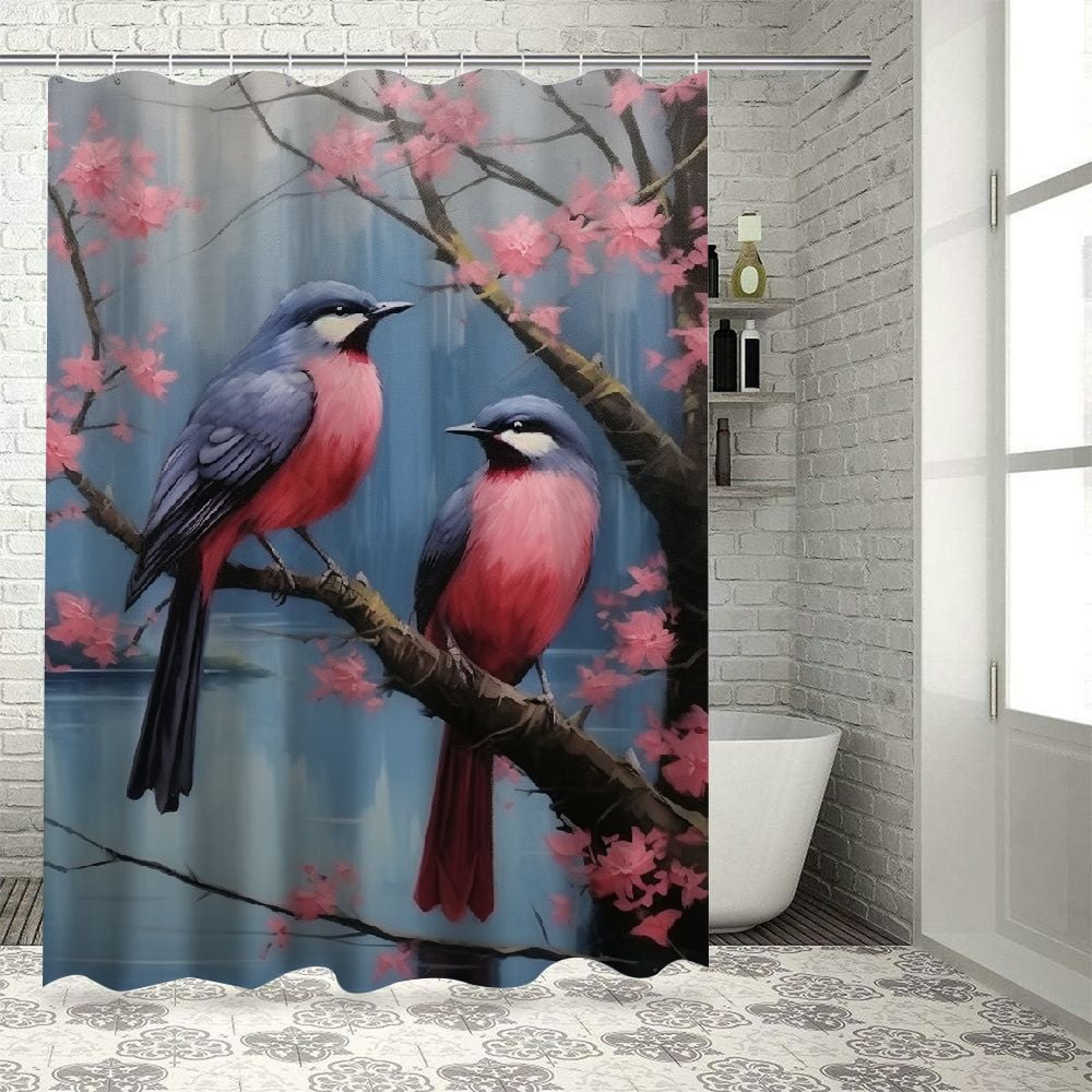 Creowell Birds Branch Flowers Printed Shower Curtain Set with Hooks for Home Bathroom Decoration ...