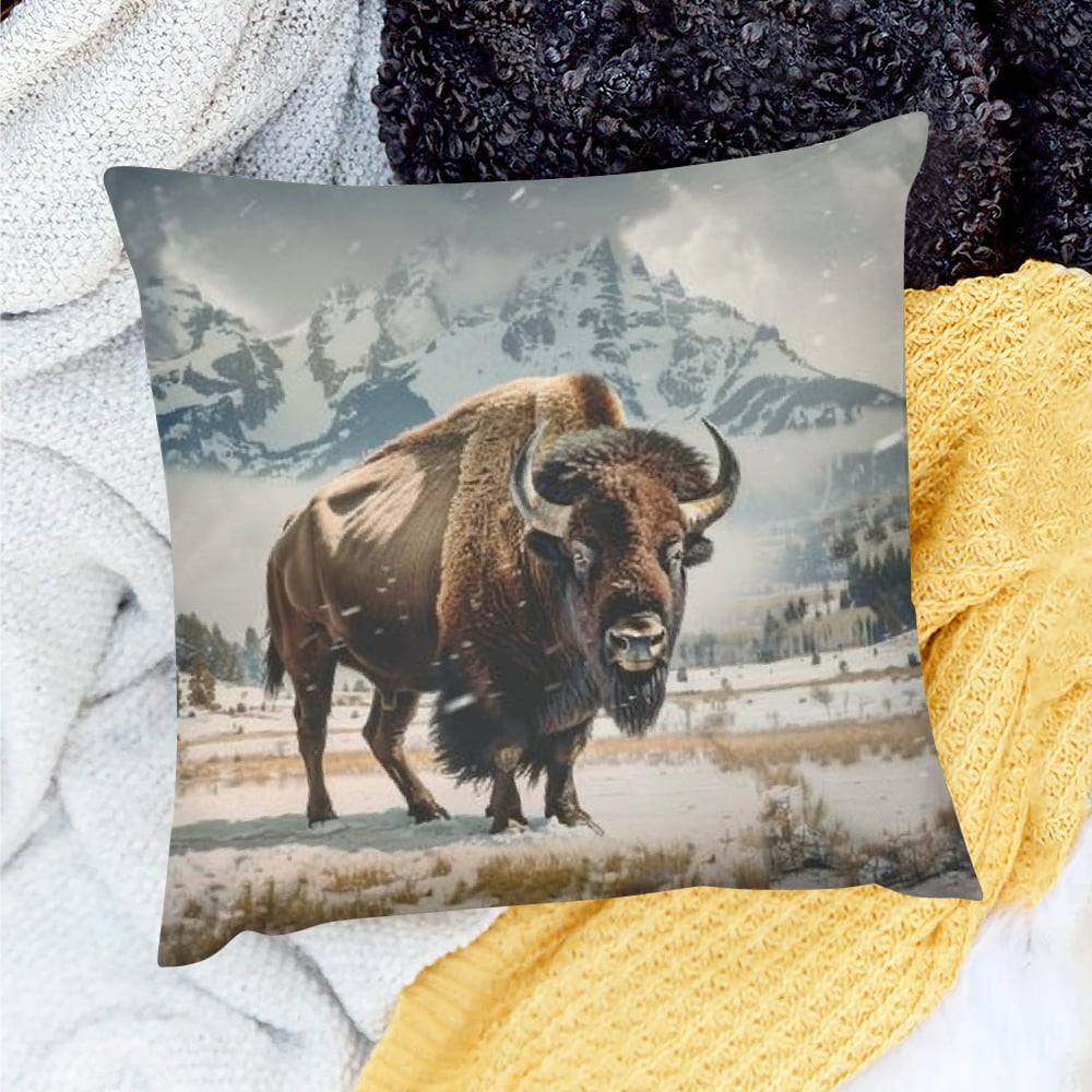 Creowell Bison Snow Mountains Throw Pillow Cover for Sofa Couch 24x24in ...