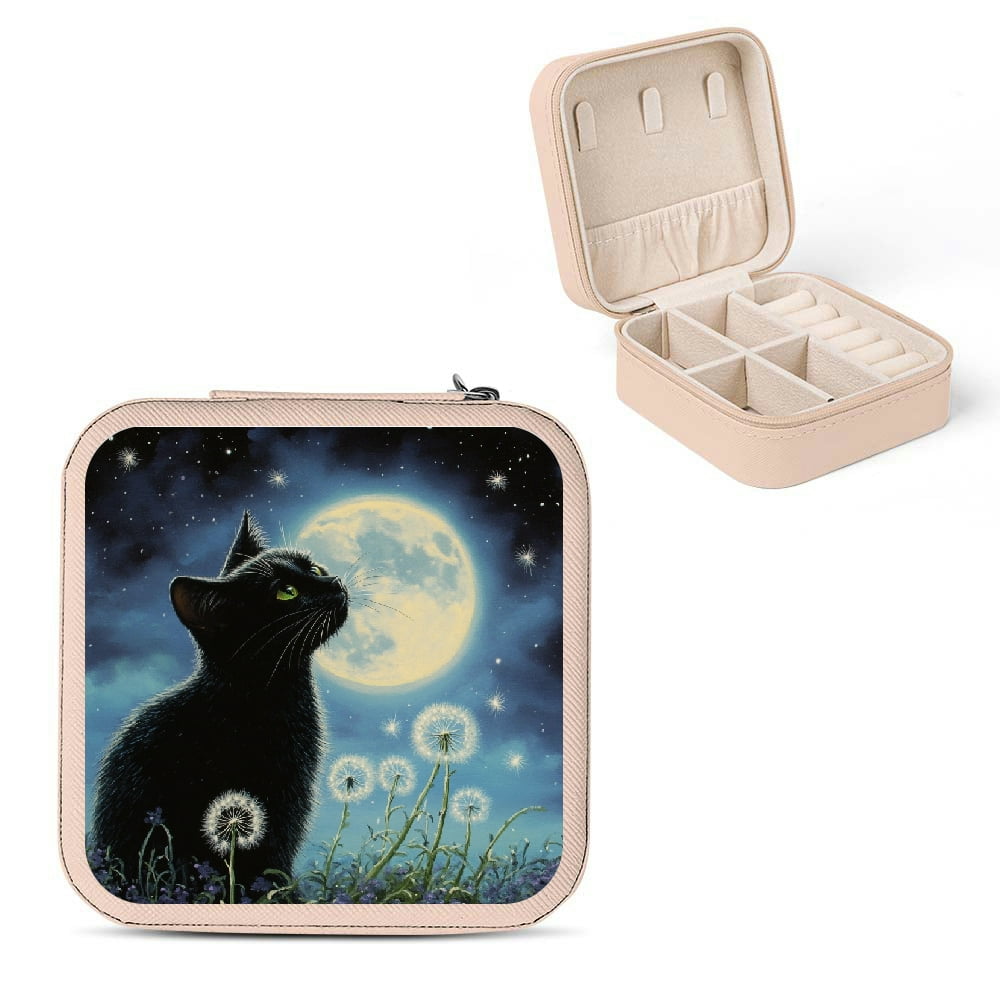 Creowell Black Cat Dandelion Full Moon Jewelry Box for Travel Pink ...