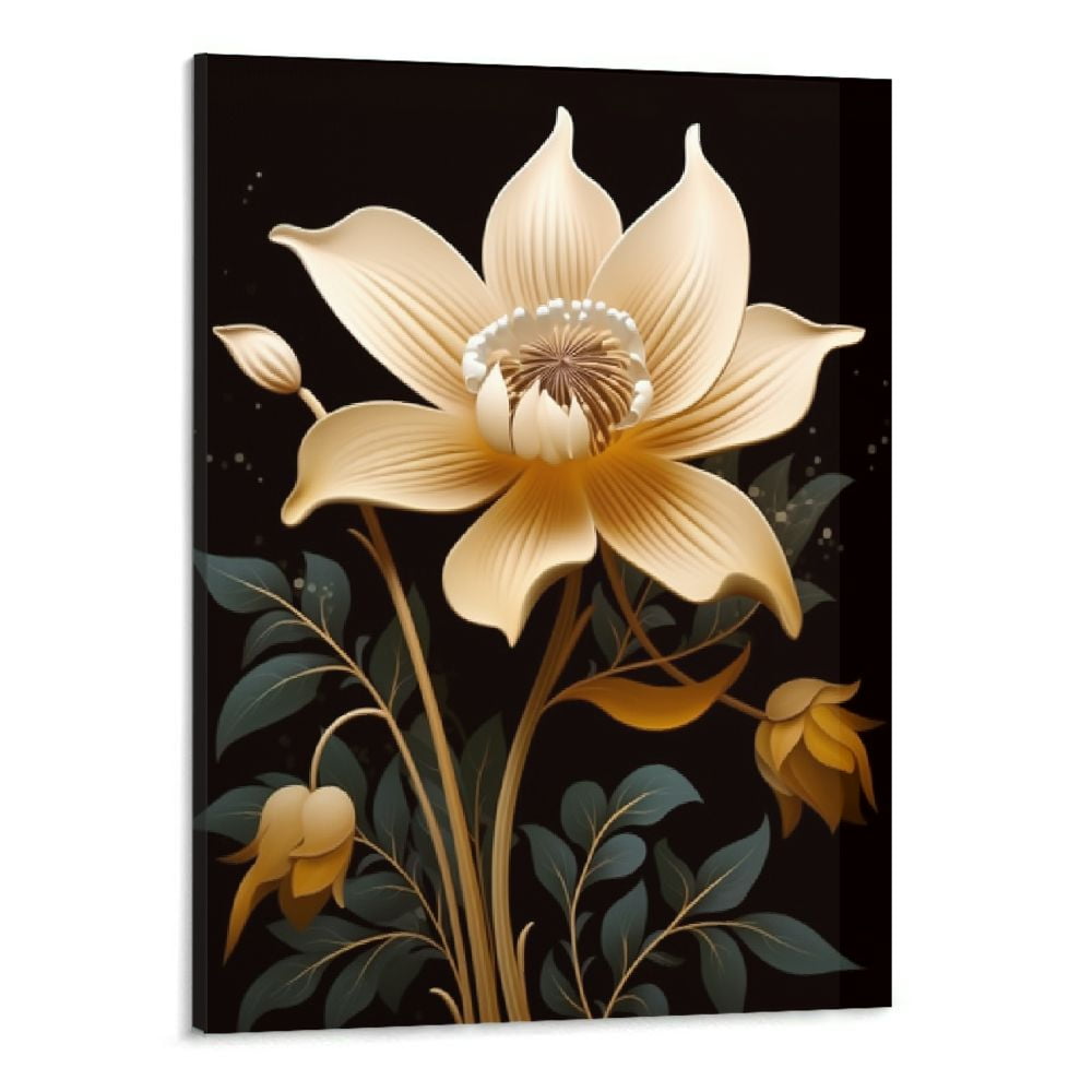 Creowell Black and Gold Flower Wall Art Gold Flower Canvas Wall Decor Black and Gold Floral ...