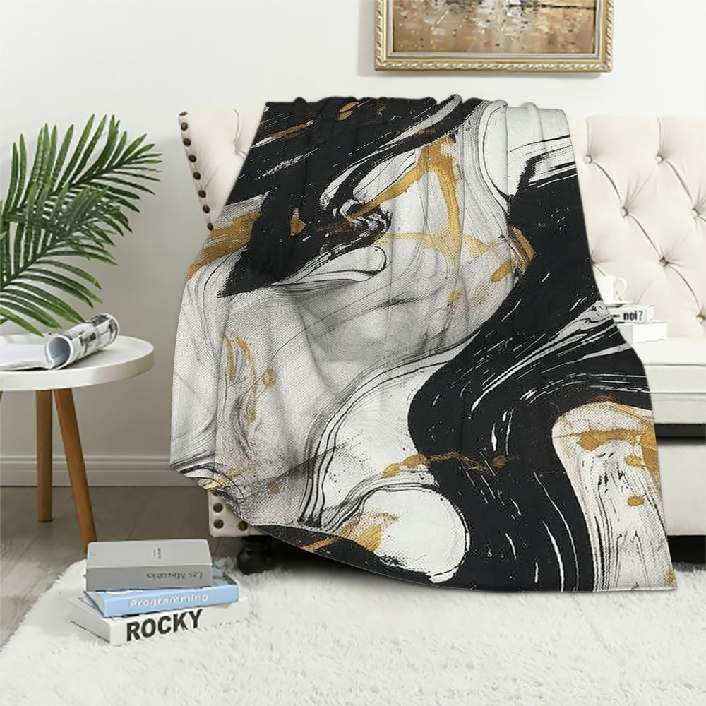 Creowell Black and Gold Swirl Liquid ink Marble Throw Blanket for Couch ...