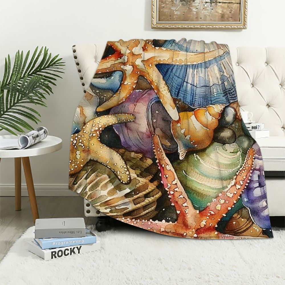 Creowell Blankets Sofa Bed Throw Conch Shell Starfish Pencil Drawing ...
