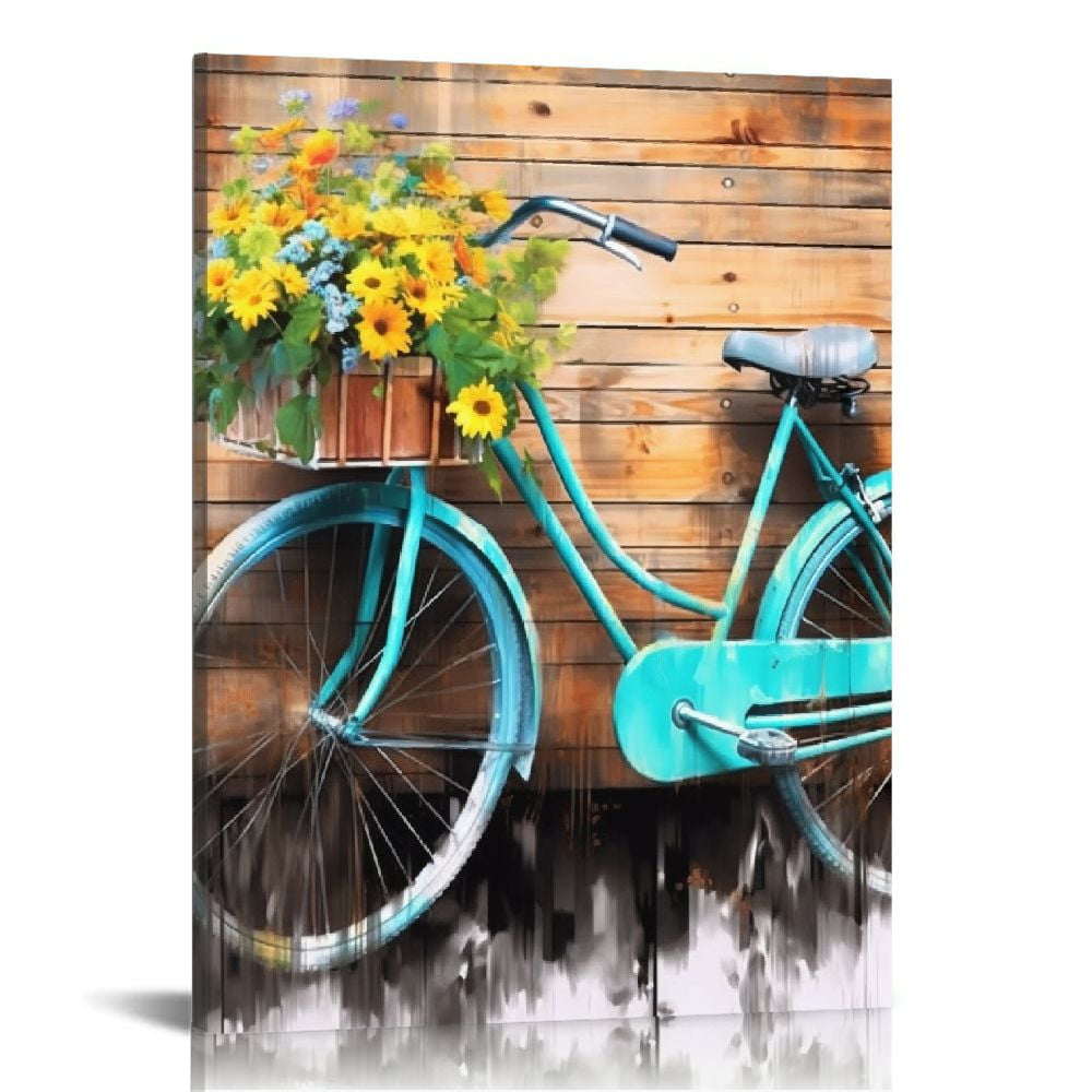 Creowell Blue Bicycle Flower With Wood Grain Wall Art Picture Canvas ...