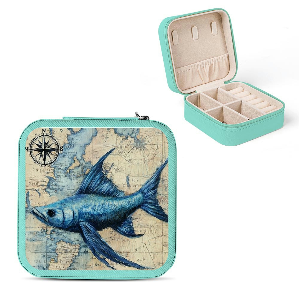 Creowell Blue Fish World Map Compass Jewelry Box for Travel Storage ...