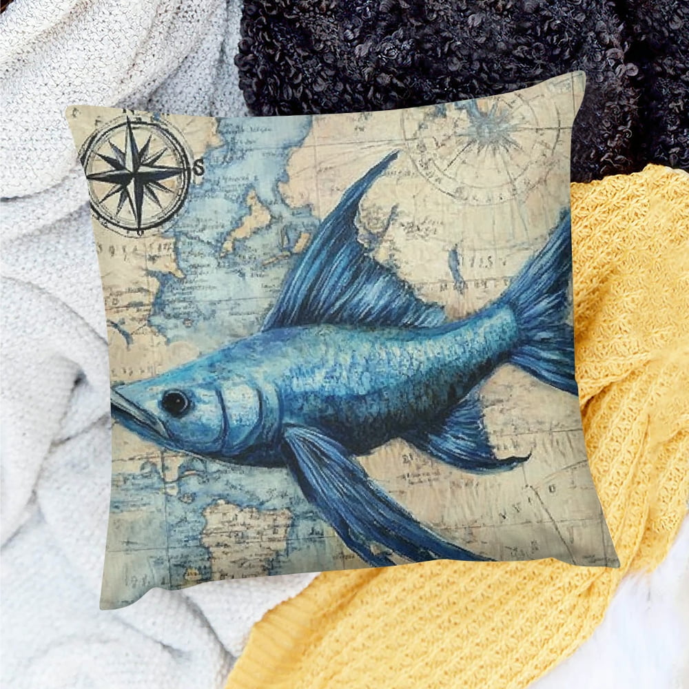 Creowell Blue Fish World Map Compass Square Cushion Cover 100% Linen ...