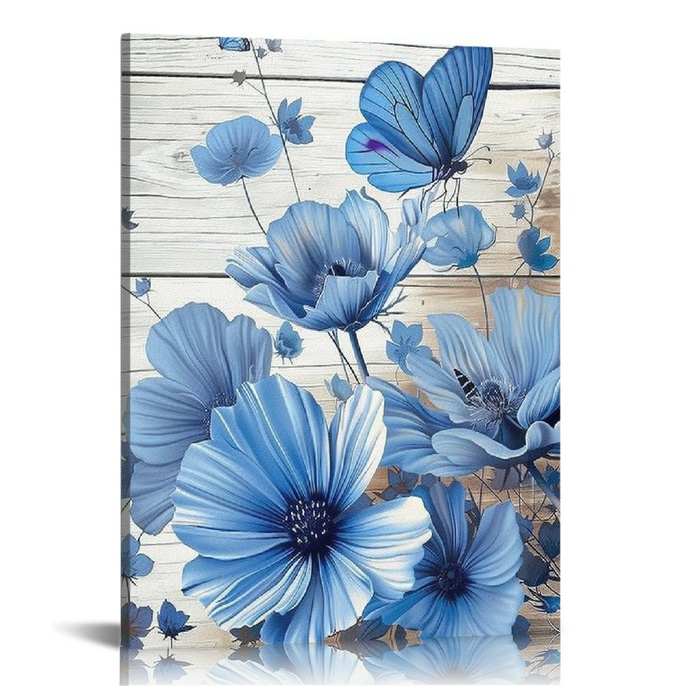 Creowell Blue Floral Wall Art Country Flower and Butterfly on Rustic ...