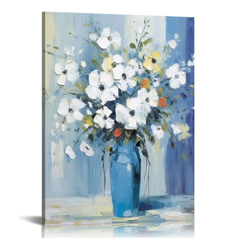Creowell Blue Flowers in Vase Original Wall Art for Dining Room Oil ...