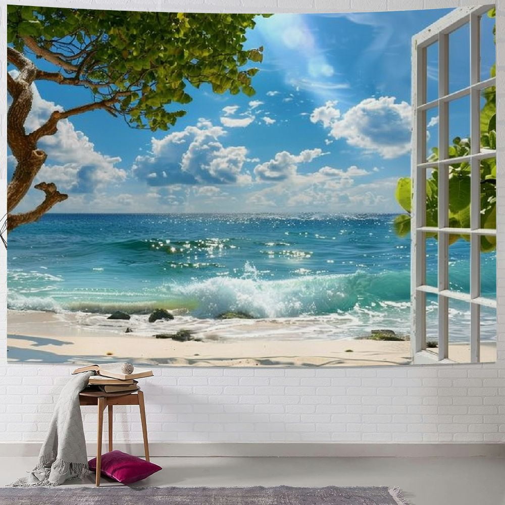 Creowell Blue Ocean Sea Tropical Island Palm Tree Seaside Window Scenic ...