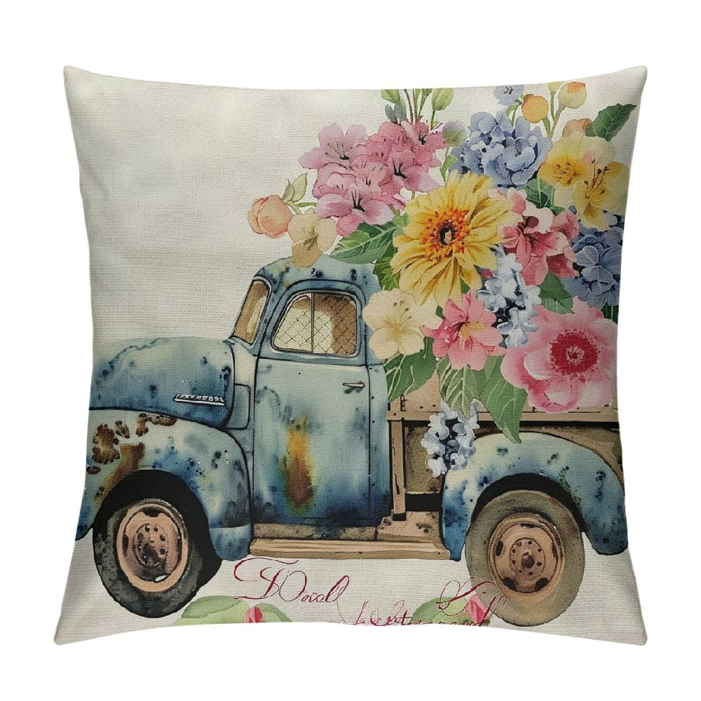Creowell Blue Truck Hydrangea Spring Throw Pillow Covers Pink Floral ...