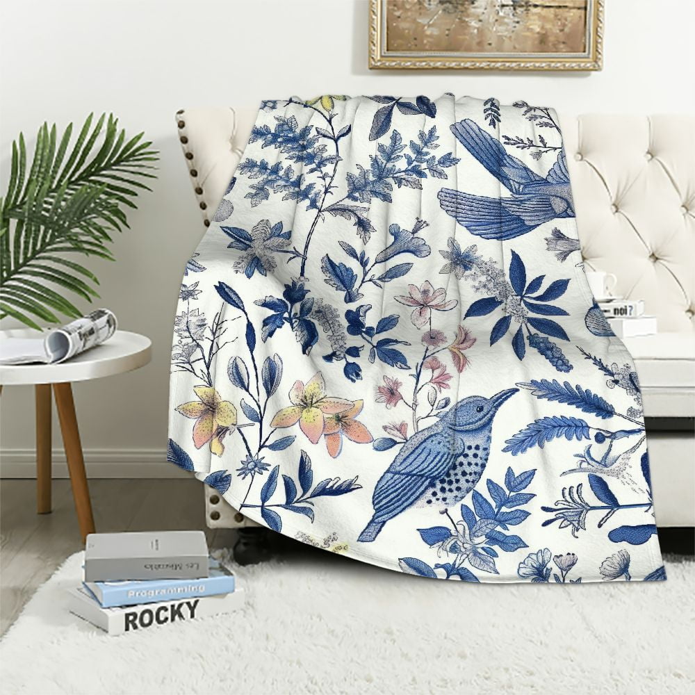 Creowell Blue White Flower Blanket Butterfly Soft Throw Blanket Country ...