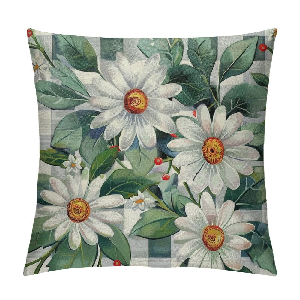 Creowell Buffalo Plaid Daisy Pillow Covers Farmhouse Spring Summer ...