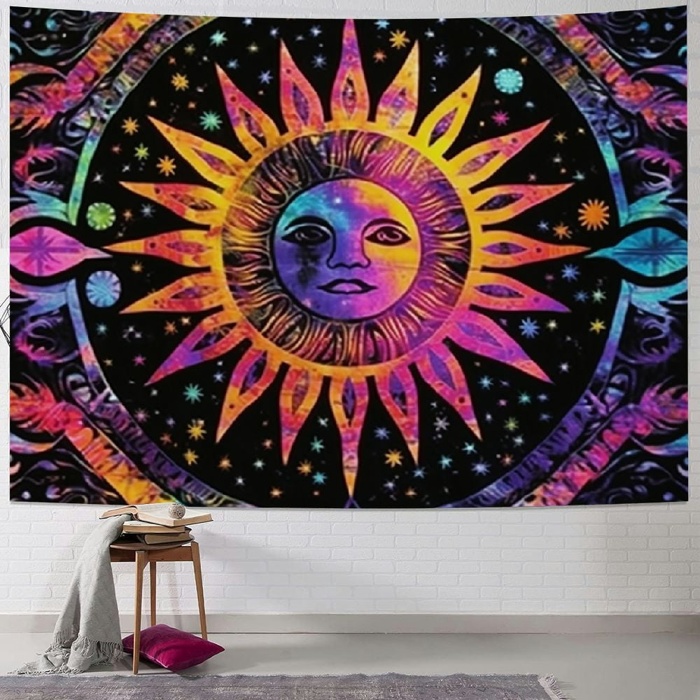 Creowell Burning Sun Tie Dye Tapestry, Celestial Sun Moon Star Planet ...