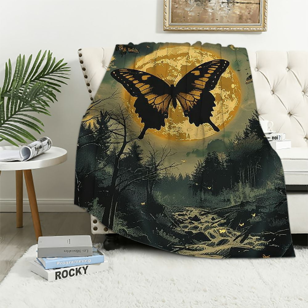 Creowell Butterfly Blanket, Butterfly with Moon Mountains Trees Throw ...