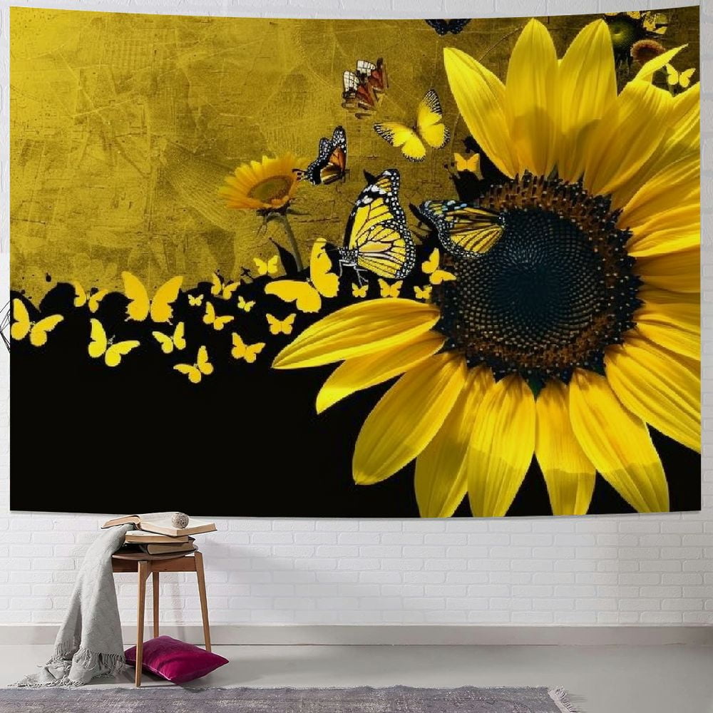 Creowell Butterfly Sunflower Tapestry Yellow Floral Blooming Flower ...